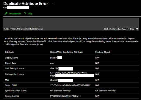 Onsite Ad To Azuread Duplicate Attribute Error On User Account Creation