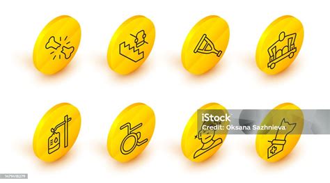 세트 라인 안내견 청각 장애인 휠체어 Iv 가방 휠체어 목발 또는 목발에 앉아 다리가 없는 남자 장애인 엘리베이터 및 인간의 부러진 뼈 아이콘 벡터 3차원 형태에 대한 스톡