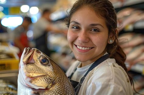 Premium Photo A Grocery Store Employee A Lady Is Beaming At The Camera While Bearing A Snapper