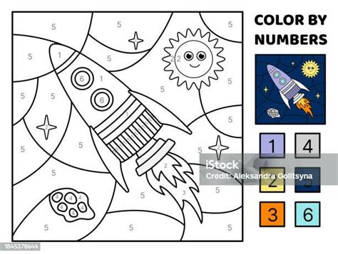 보라색 로켓 태양 우주에서 유성 숫자로 색칠하기 우주 색칠 공부 페이지 아이들을 위한 게임 만화 벡터 로켓에 대한 스톡 벡터 아트 및 기타 이미지 Istock