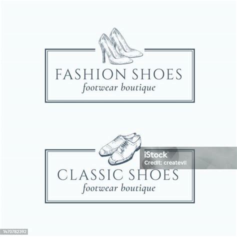클래식 패션 신발 신발 부티크 추상 벡터 기호 기호 엠블럼 템플릿 세트 손으로 만든 클래식 신발 일러스트레이션 레이블 복고풍 타이포그래피와 고급스러운 테두리 0명에 대한