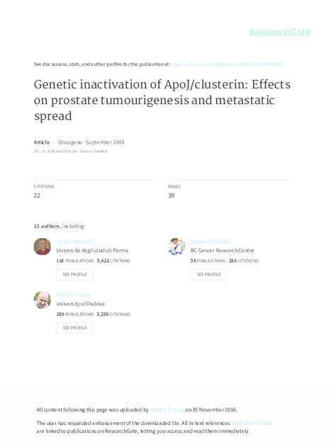 Pdf Genetic Inactivation Of Apoj Clusterin Effects On Prostate