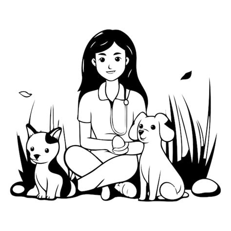 Mujer Veterinaria Con Perro Ilustración Vectorial Al Estilo De Dibujos