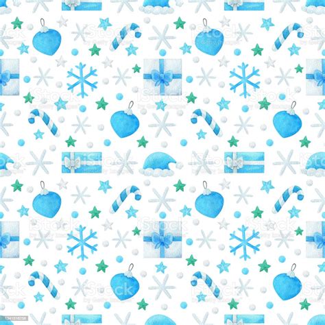 겨울 디자인으로 새해 원활한 패턴 선물 사탕 지팡이 푸른 눈송이 녹색 별 흰색 배경에 크리스마스 공 축제 장식 수채화 일러스트와 함께 인쇄 0명에 대한 스톡 벡터 아트 및