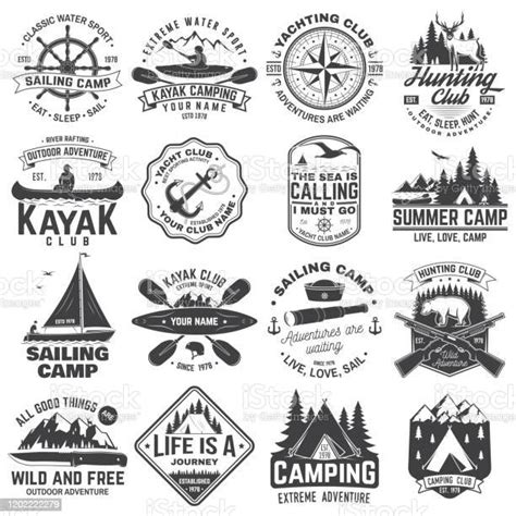 여름 캠프 사냥 클럽 세일링 캠프 요트 클럽 카누 및 카약 클럽 배지 벡터 셔츠 나 로고 프린트 스탬프에 대 한 개념 캠핑 카약