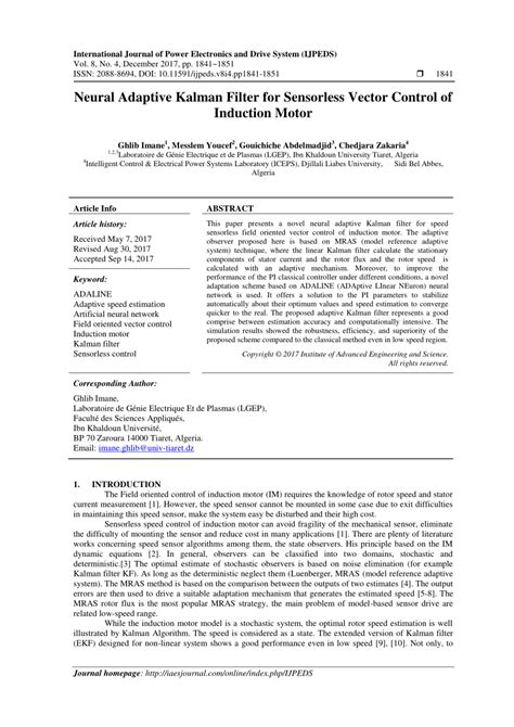 Pdf Neural Adaptive Kalman Filter For Sensorless Vector Control Of Induction Motor