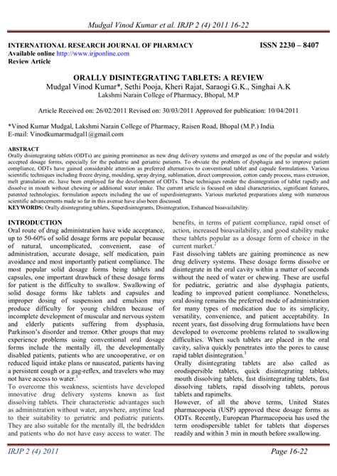 Pdf Orally Disintegrating Tablets A Review
