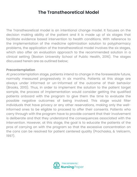 The Transtheoretical Model Essay 1038 Words Nursing Paper