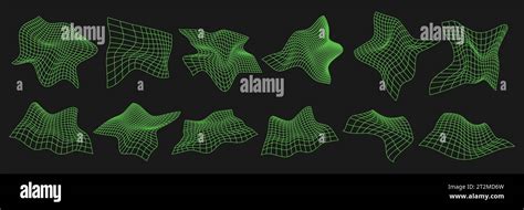 Cyber Distorted Grids Retro Punk Design Elements Set Wireframe Wave Geometry Mesh On Black