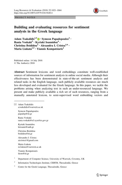 Pdf Building And Evaluating Resources For Sentiment Analysis In The Greek Language