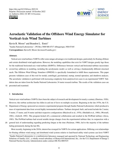 Pdf Aeroelastic Validation Of The Offshore Wind Energy Simulator For Vertical Axis Wind Turbines