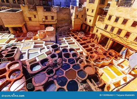Tanneries Of Fes Morocco Africa Old Tanks Of The Fez`s Tannerie Stock