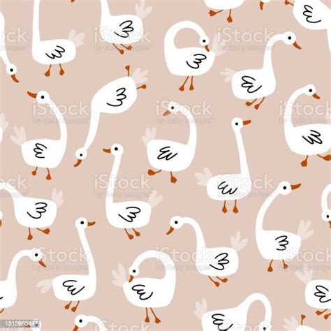 거위 원활한 패턴 다른 포즈의 흰색 거위 심플한 손으로 그린 만화 스타일로 귀여운 벡터 일러스트 직물 베이비 샤워 패브릭에 딱 맞는 심플한 유치한 만화 스타일 패턴에 대한