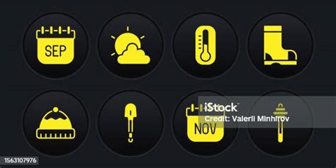 겨울 모자 방수 고무 장화 삽 11 월 달력 가을 온도계 태양과 구름 날씨 꿀 국자 스틱 및 9 월 아이콘을 설정합니다 벡터 0명에 대한 스톡 벡터 아트 및 기타 이미지