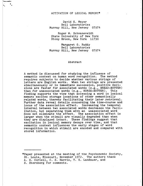 Pdf Activation Of Lexical Memory