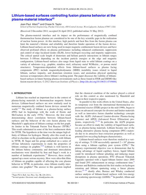Pdf Lithium Based Surfaces Controlling Fusion Plasma Behavior At The