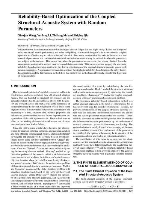 Pdf Reliability Based Optimization Of The Coupled Structural Acoustic System With Random
