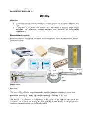 LAB EXERCISE Density Docx LABORATORY EXERCISE Density Objective To Learn The