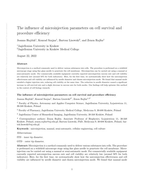 Pdf The Influence Of Microinjection Parameters On Cell Survival And Procedure Efficiency