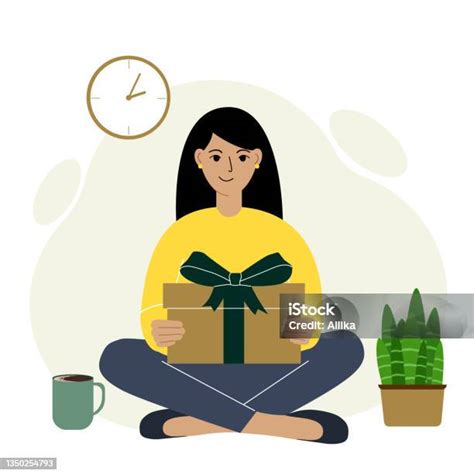 한 여성이 선물을 들고 다리를 꼬고 앉아 있다 선물 상자를 들고 있는 청녀 포스터 엽서 배너 선물에 대한 스톡 벡터 아트 및