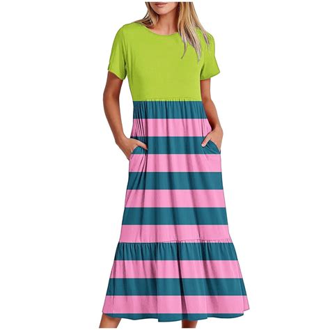 Elvqul Womens Maxi Dresses Plus Size Striped Summer Long Short Sleeve
