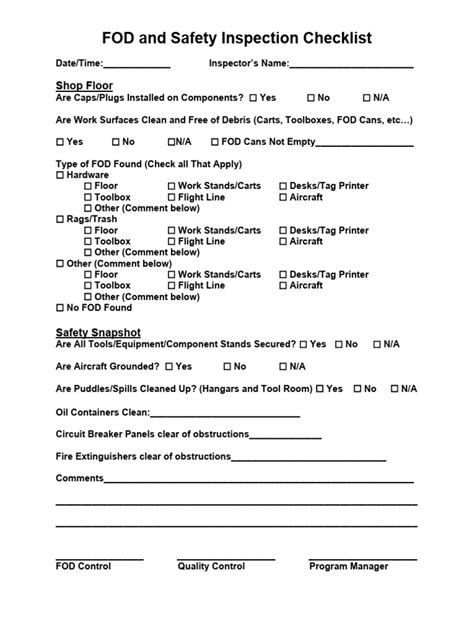 Fod And Safety Inspection Checklist Pdf