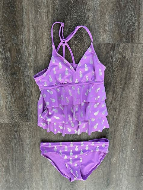 Justice Swimsuit Bikini Tankini Swim Set 14 Purple Lavender Silver