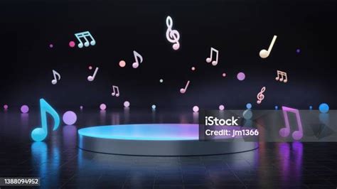 다채로운 음악 노트와 어두운 배경에서 제품 쇼케이스를위한 플랫폼 네온에 대한 스톡 사진 및 기타 이미지 네온 음표 형광색의 Istock