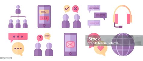 플랫 스타일의 통신 아이콘 모음입니다 밝은 보라색 노란색 및 주황색의 의사 소통 채팅 및 대화의 간단한 평면 디자인 추상적 인 사람 장치 및 음성 및 메시지 기호 Brand