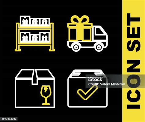 선물 패키지 상자 확인 표시 깨지기 쉬운 내용물 및 창고 아이콘이 있는 라인 배달 트럭을 설정합니다 벡터 건축하기에 대한 스톡 벡터 아트 및 기타 이미지 Istock