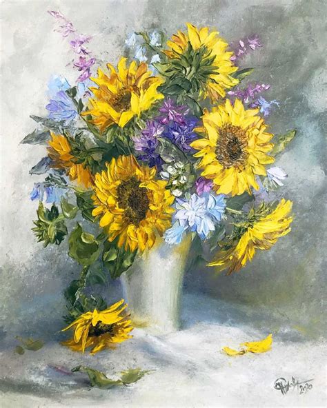 Букет с подсолнухами в белой вазе Картина маслом в интернет магазине на Ярмарке Мастеров