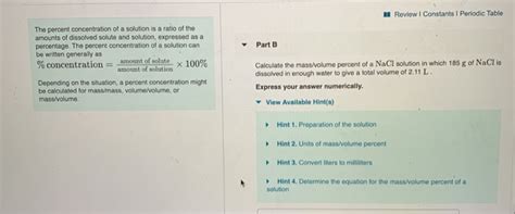 Solved Calculate The Mass Volume Percent Of A NaCl Solution Chegg Com