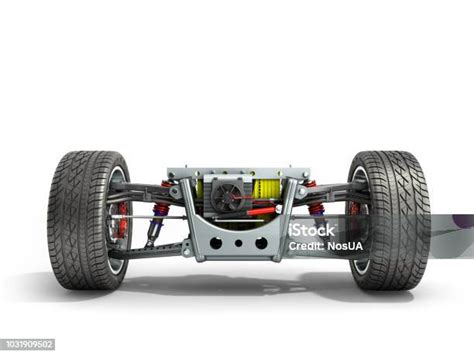 전기 자동차 Cystem 축 거 차량 전기 드라이브 시스템 및 배터리 팩에서 3d 렌더링 화이트와 차대에 대한 스톡 사진 및