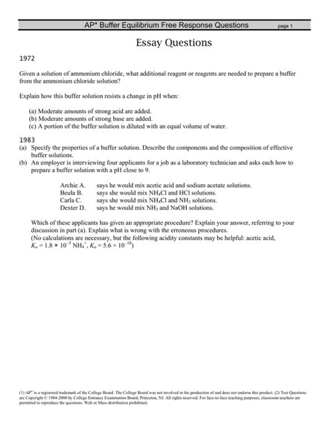 AP Chemistry Buffer Equilibrium Free Response Questions