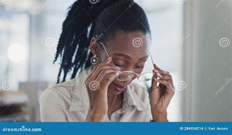 Business Woman Glasses And Headache On Computer For Payroll Mistake Human Resources Error Or