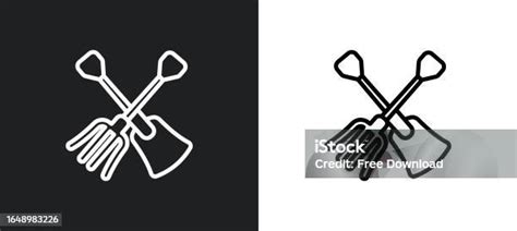 삽과 포크는 흰색과 검은색 색상의 윤곽 아이콘입니다 웹 모바일 앱 Ui에 대한 Construction Tools 컬렉션의 삽 및 포크 플랫 벡터 아이콘입니다 갈퀴에 대한
