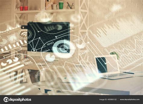 Double Exposure Tech Theme Drawings Office Interior Background Technology Concept Stock Photo