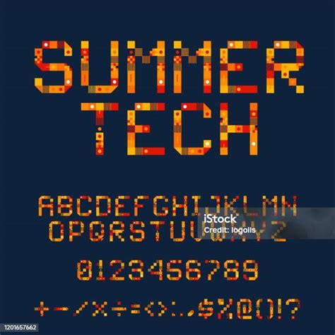 여름 기술 픽셀 글꼴입니다 벡터 픽셀 아트 알파벳 핫 오렌지 문자는 모듈로 구성됩니다 스트립 사각형 및 점의 편지 전자 점수 판