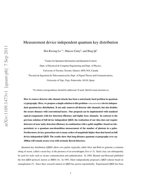 Pdf Measurement Device Independent Quantum Key Distribution