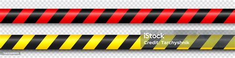 현실적인 바리케이드 건설 테이프 노란색과 빨간색 경찰 경고 라인 위험 또는 위험 줄무늬 리본 공사 중입니다 제한 구역 구역 주의 기호입니다 벡터 그림 건설 산업에 대한 스톡