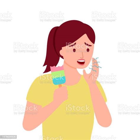 민감한 치아와 손으로 아이스크림을 평평한 디자인으로 들고있는 여성 치과 문제 개념 벡터 일러스트레이션 냉동식품에 대한 스톡 벡터