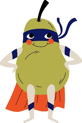 마스크와 케이프 의상 벡터 일러스트레이트에서 재미있는 과일 만화 캐릭터에 귀여운 슈퍼 히어로 배 과일에 대한 스톡 벡터 아트 및