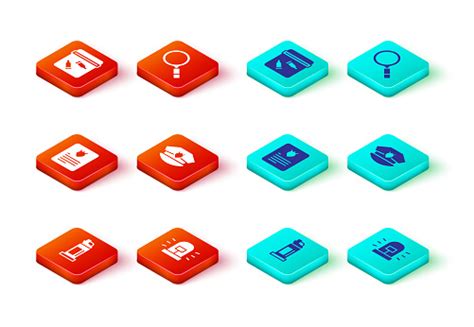 세트 페퍼 스프레이 점멸 사이렌 체포 영장 앵무새와 경찰 모자 돋보기 검색 및 증거 가방 총알 아이콘 벡터 3차원 형태에 대한 스톡 벡터 아트 및 기타 이미지 Istock