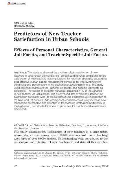 Pdf Predictors Of New Teacher Satisfaction In Urban Schools