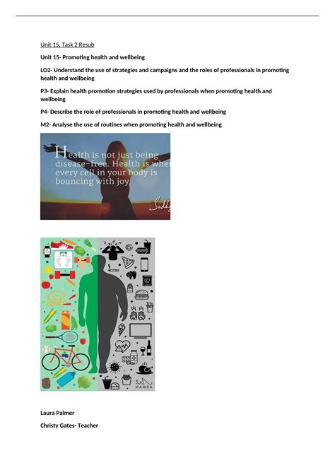 Unit 15 Task 2 Unit 15 Promoting Health And Wellbeing Stuvia Uk