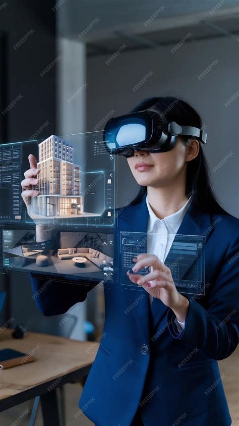 Japanese Female Architect Wearing An Augmented Reality Headset And Inspecting A Digital Hologram