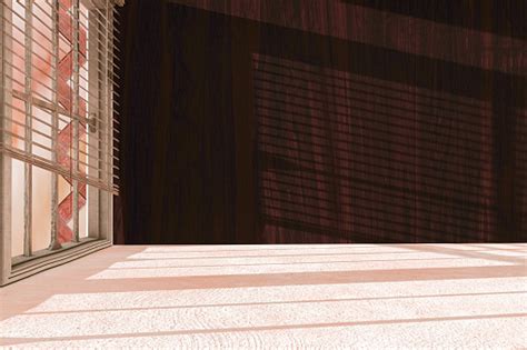 셔터 창이 있는 마호가니 벽의 빈 내부 배경과 밝은 어두운 반사가 있는 콘크리트 바닥 3차원 형태에 대한 스톡 사진 및 기타 이미지 3차원 형태 겉창 그림자 Istock