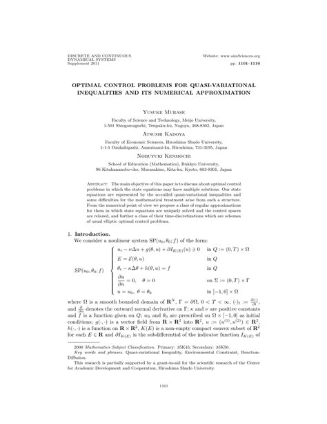 PDF Optimal Control Problems For Quasi Variational Inequalities And Its Numerical Approximation