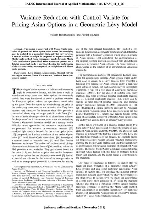 Pdf Variance Reduction With Control Variate For Pricing Asian Options In A Geometric Lévy Model