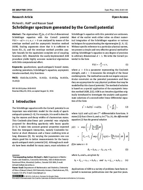 Pdf Schrödinger Spectrum Generated By The Cornell Potential Nasser Saad